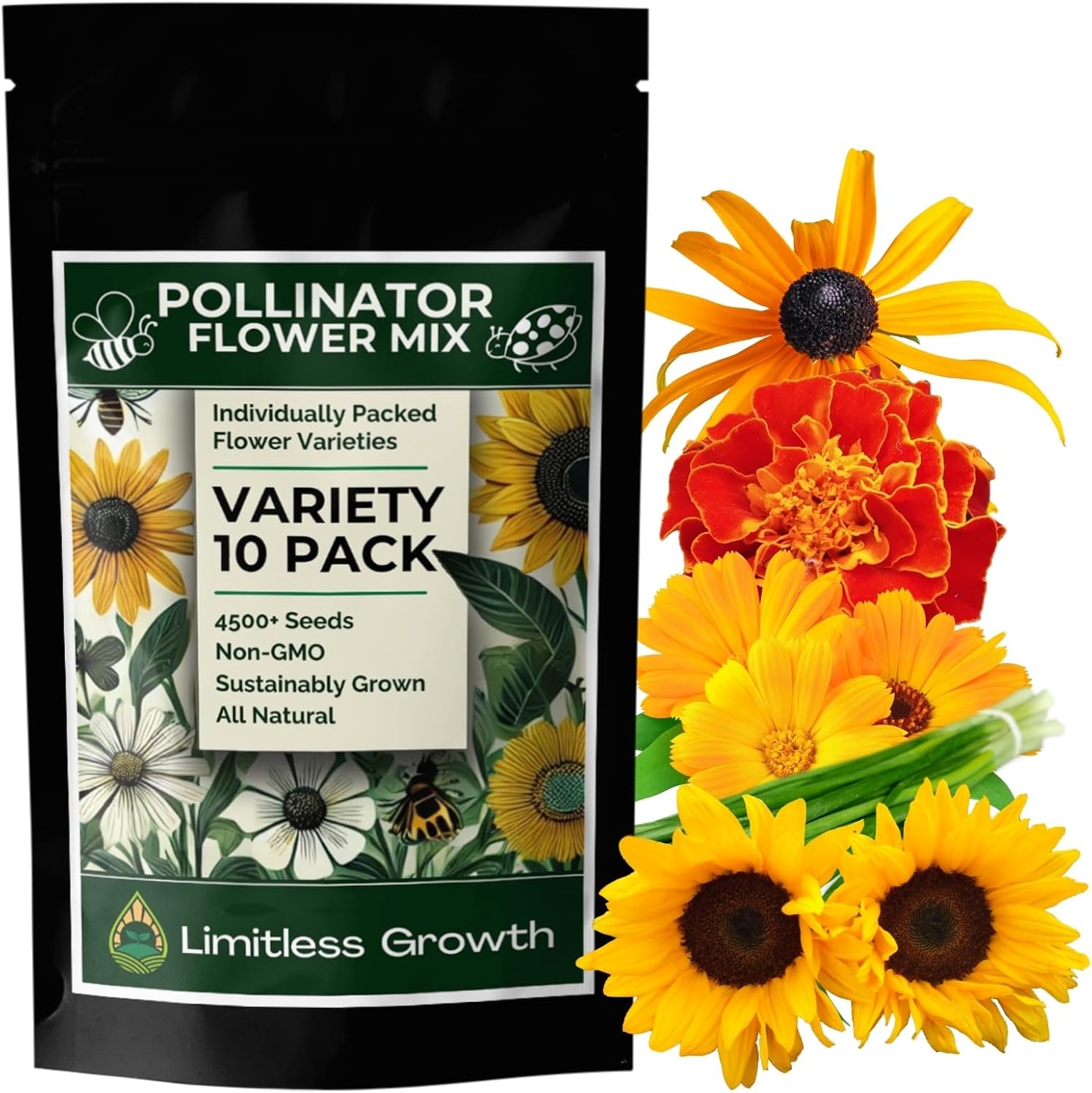 10 Pollinator Flower Pack - 4,500+ Seeds - Individually Packed ...