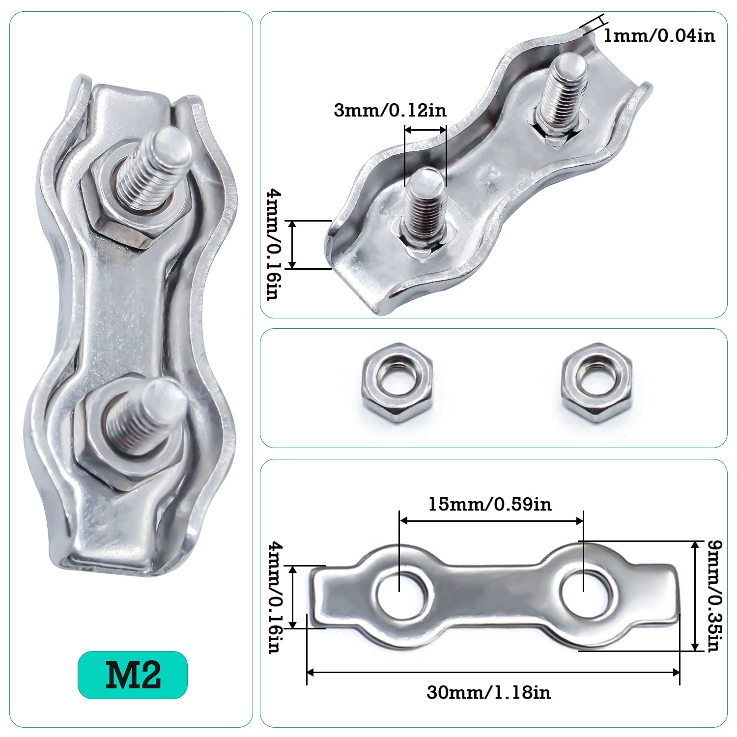 M2 Duplex Clamp 304 Stainless Steel Wire Rope Clamp for 2mm Wire Ropes ...