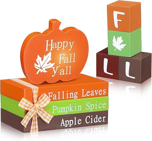 Amazon.com: 8 Pcs Fall Tiered Tray Decor Fall Wood Book Stack Pumpkin ...