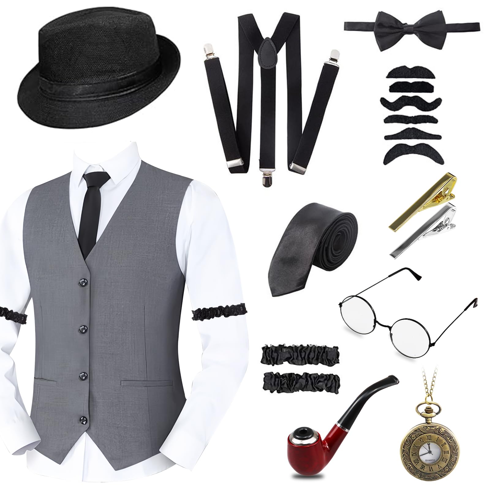 Okabay 11Pcs 1920s Gatsby Costume for Men,1920s Men Fancy Dress Vest ...
