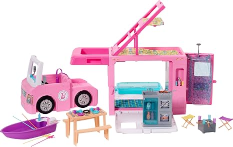 Barbie Camper Playset, 3-in-1 DreamCamper with Pool & 50 Accessories ...