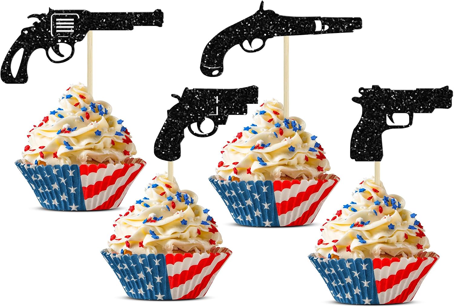 Amazon.com: Gyufise 24Pcs Gun Cupcake Toppers Black Glitter Gun Pistol ...