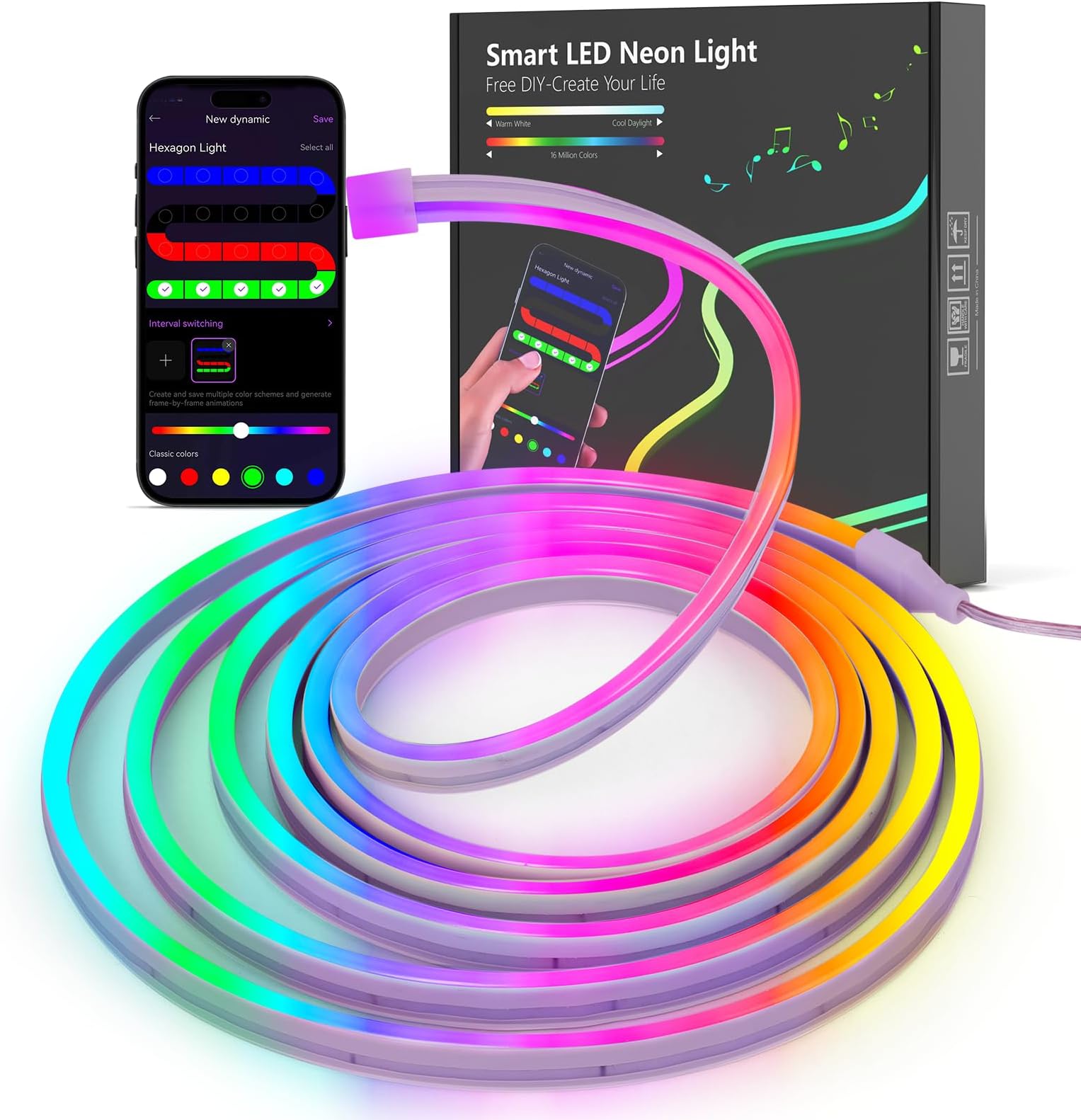 Kangtaixin 9.9FT/3M LED Neon Rope Lights, RGB Strip Lights App Control ...