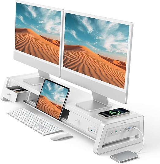 Amazon.com: Vaydeer All-in-One Dual Monitor Stand Riser with 2 Drawers ...