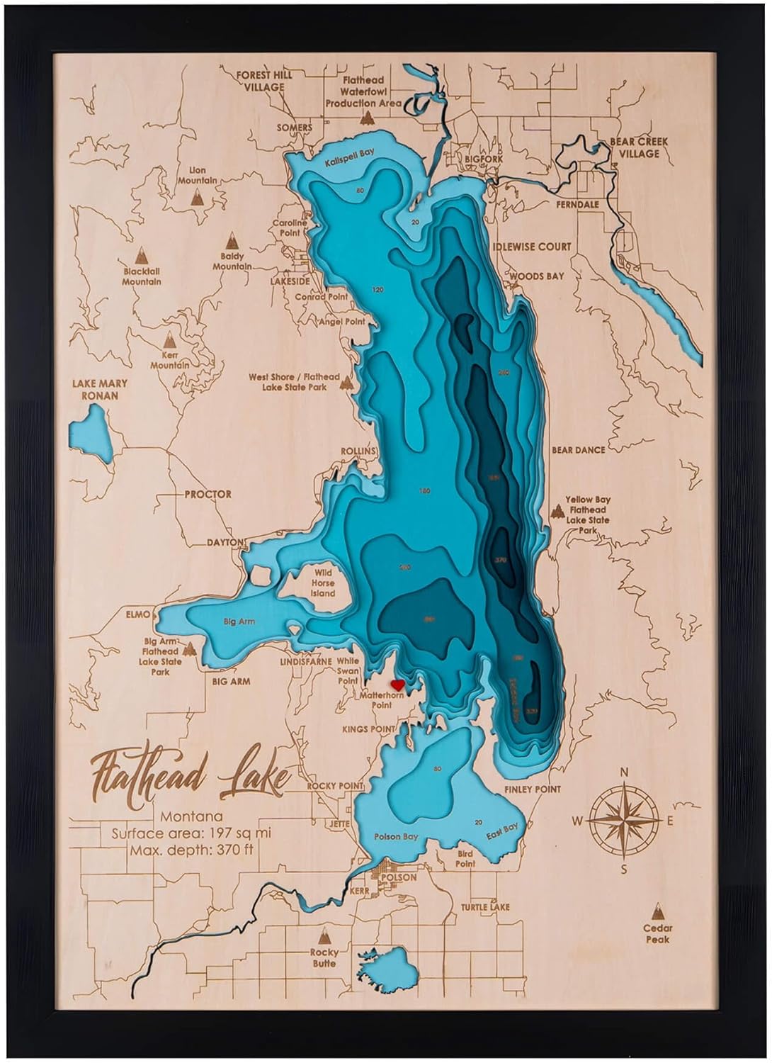 Amazon.com: Personalized 3D Flathead Lake Wood Map - Lake Depth Map Art ...