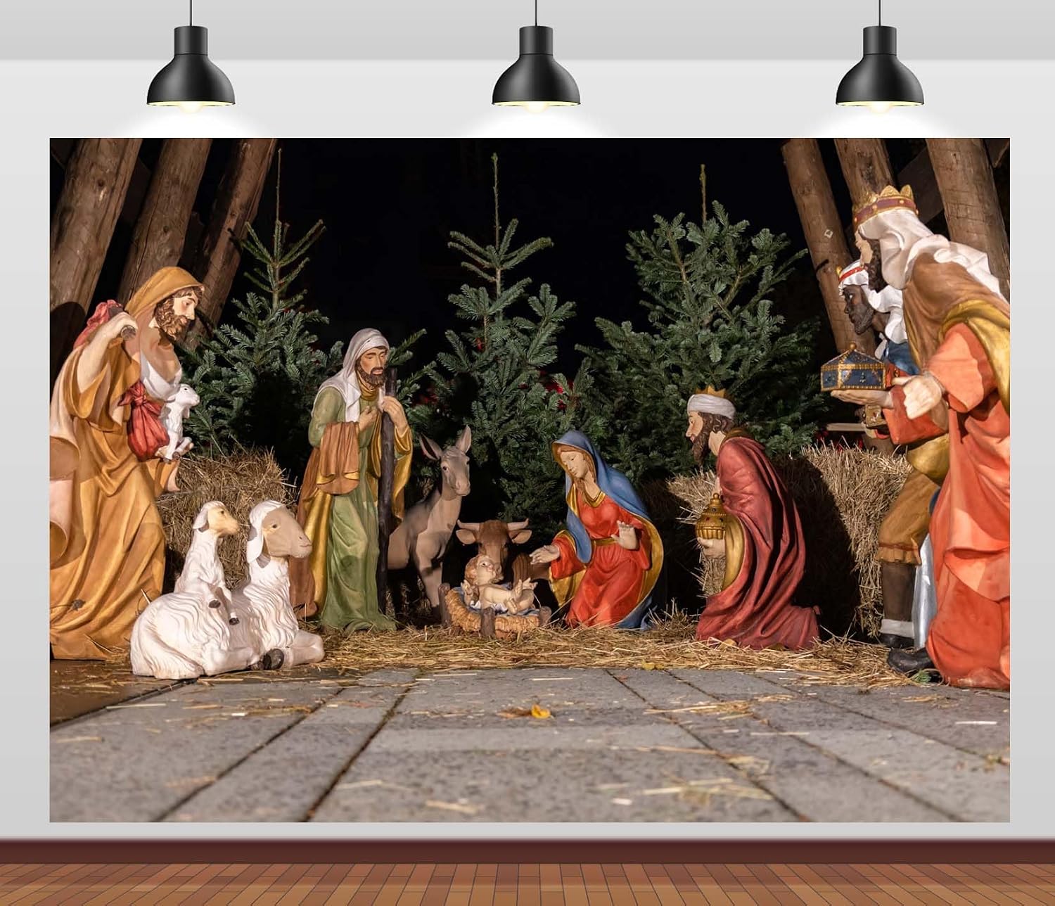 Amazon.com : CORFOTO 20x10ft Fabric Traditional Nativity Scene Backdrop ...