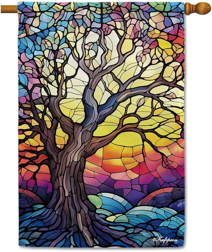 Amazon.com : KafePross Stained Glass Wisdom Tree House Flag 28 x 40 ...
