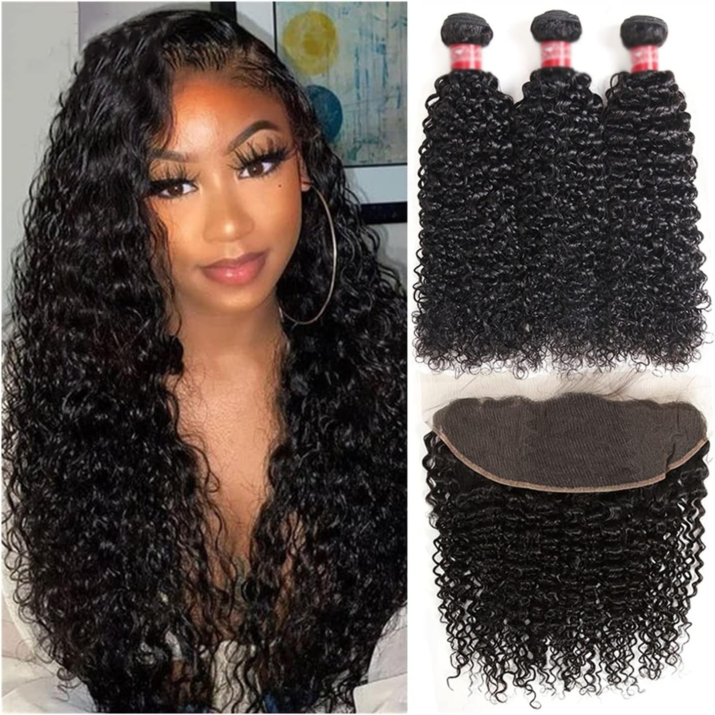 Amazon.com: TOMYEUS Human Hair Weave Kinky Curly Bundles with Frontal ...