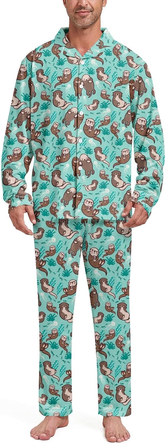 Zosebalyn Mens Pajama Set Cartoon Otter Long Sleeve Lounge Pjs Button ...