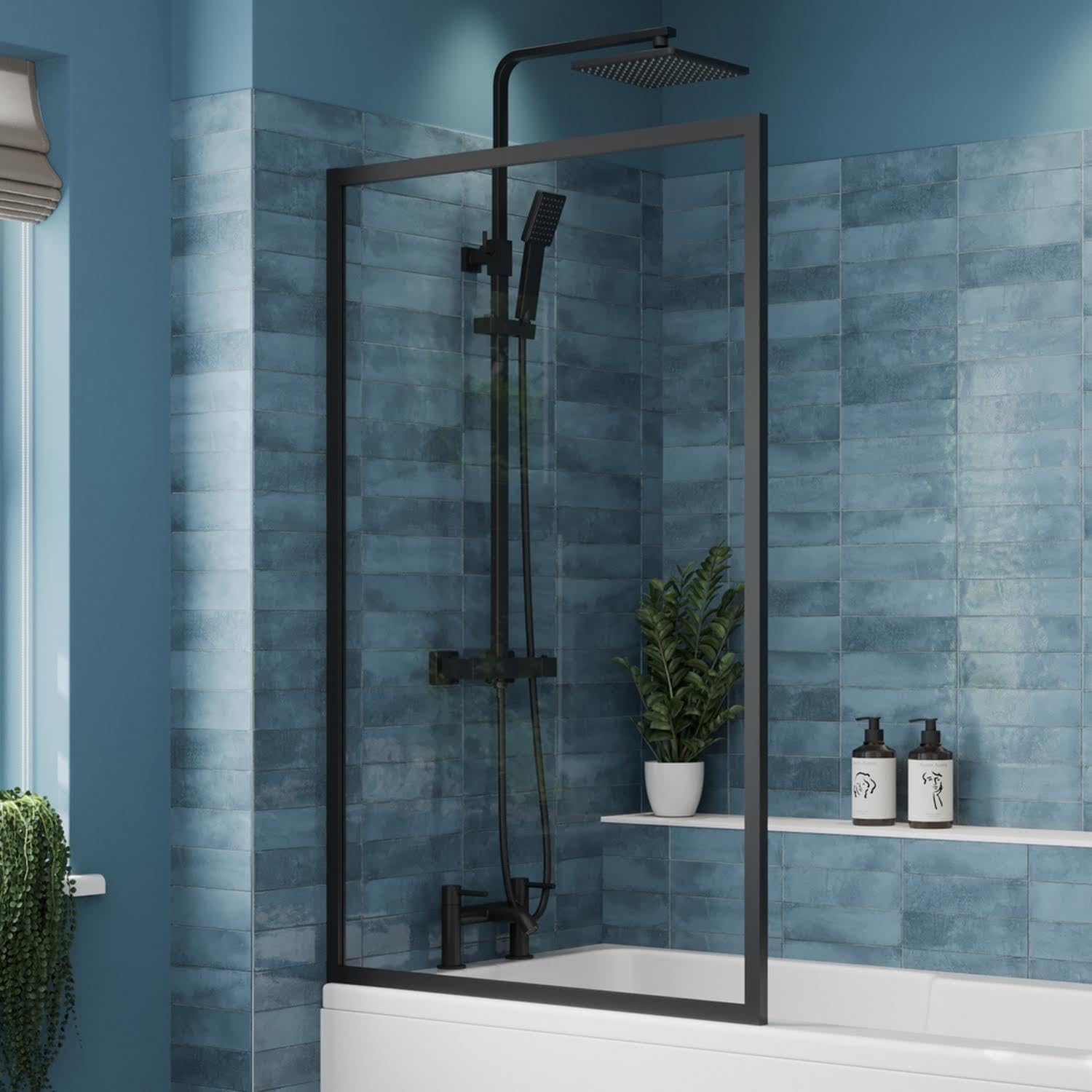 LUXURA® Black Square Framed Over Bath Shower Screen 6mm Toughened Safety Glass Panels 800mm ...