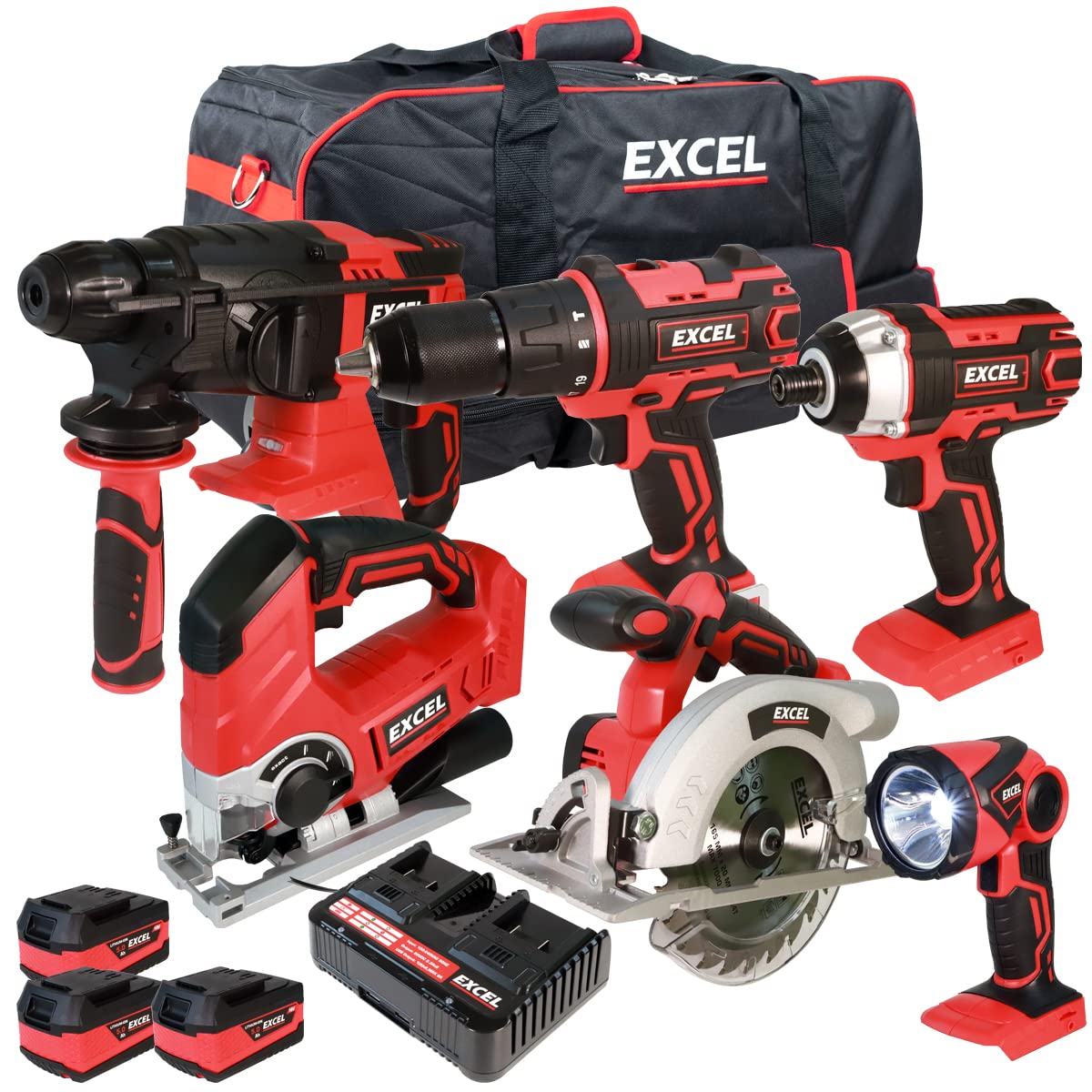 Buy Excel 18V 6 Piece Cordless Power Tool Kit with 3 x 5.0Ah Batteries ...