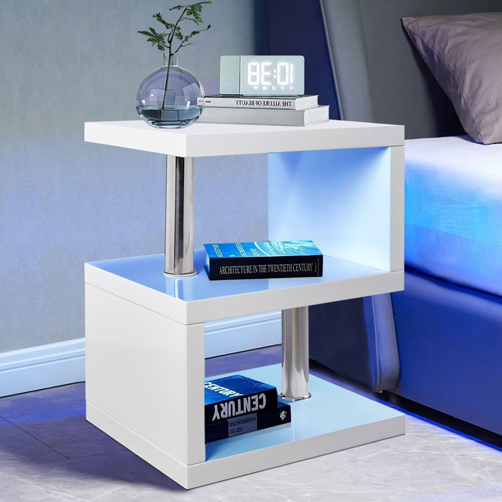 VLUOO White Modern Side Table with LED Lights,3 Tier S Shaped End Table ...