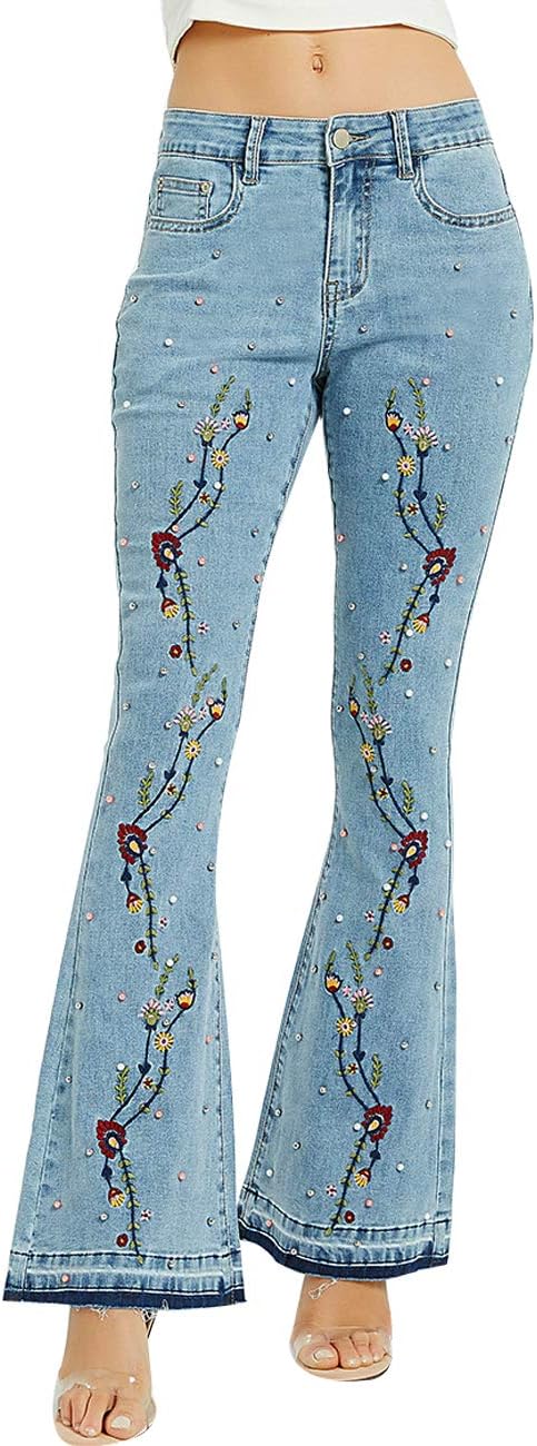 ZENTHACE Women Bell Bottom Jeans Embroidered Flared Denim Pants ...