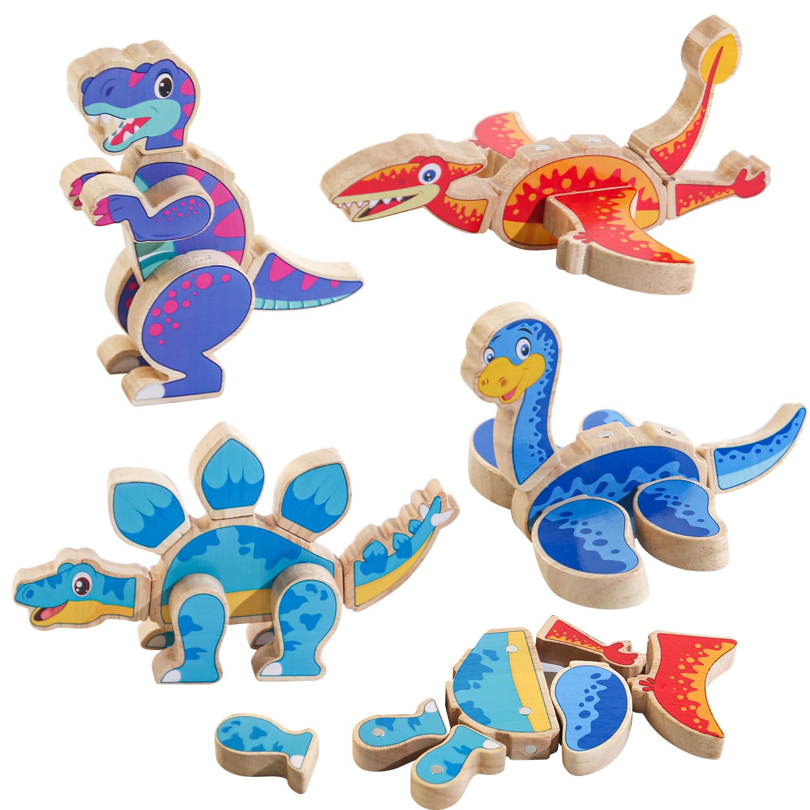 Amazon.com: JugueteLand Magnetic Dinosaur Building Blocks, Wooden Dino ...