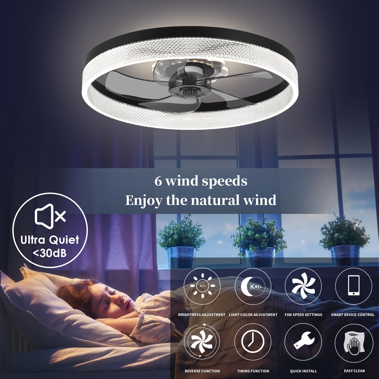 20‘’ Ceiling Fan with Light, 2024 Upgraded, Low Profile Fan, Flush ...