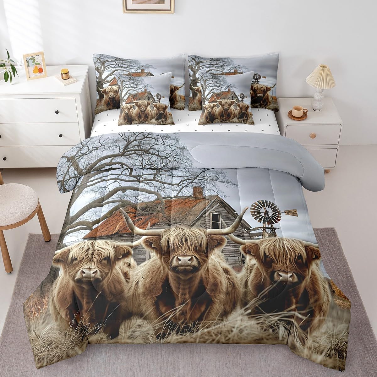 Amazon.com: Erosebridal 7Pcs Queen Size Highland Cow Comforter Sets with Sheets Rustic Farmhouse ...