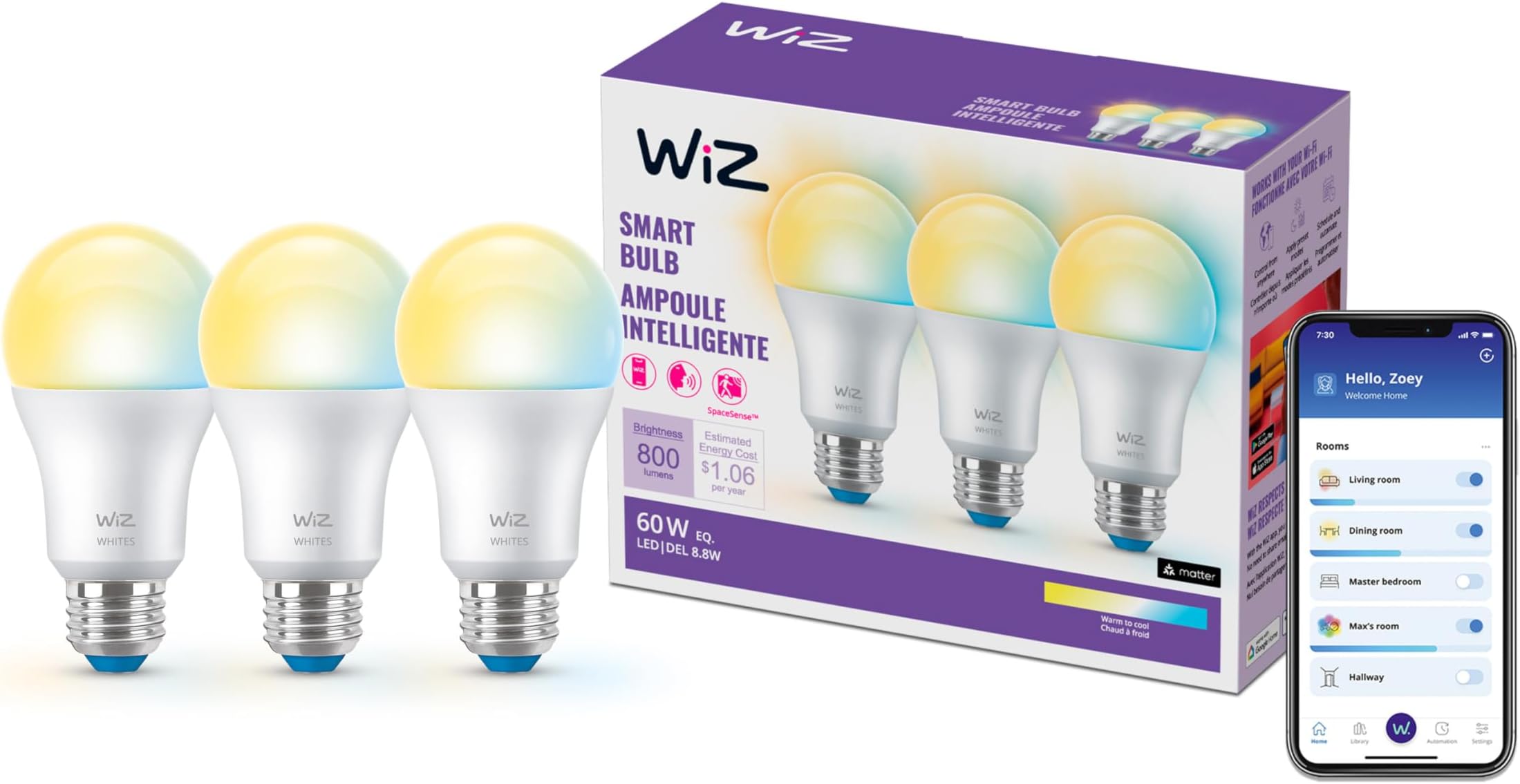 WiZ Connected 60W A19 LED Smart Light Bulbs Tunable White - Connects to ...