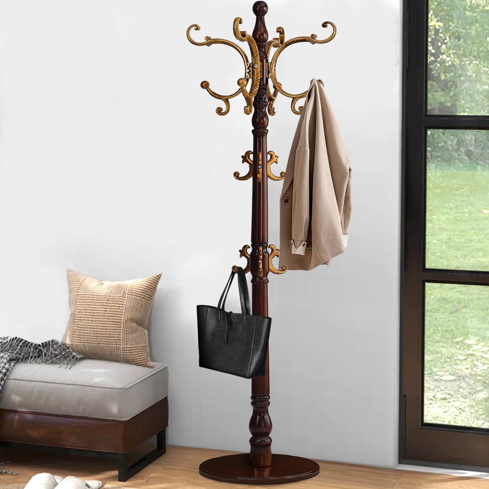 Amazon.com: Coat Rack Freestanding Wood Coat Tree Rack with 8 Hooks ...