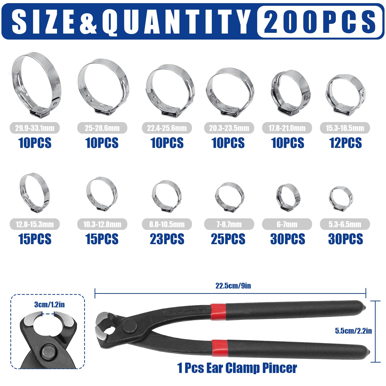Snapklik.com : JROUTH 200PCS Single Ear Hose Clamps, 12 Size5.3-33.1mm ...