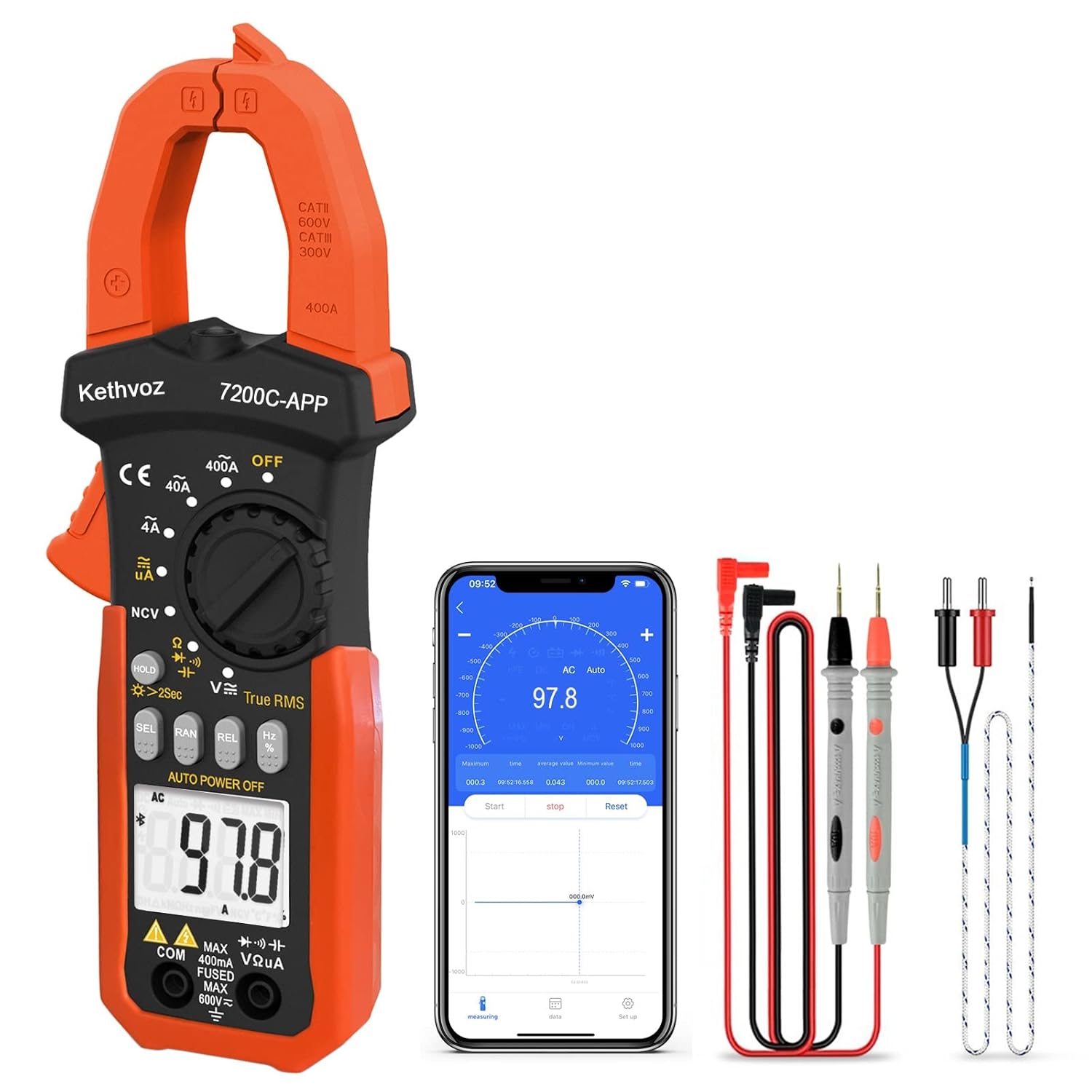Bluetooth Multimeter with Clamp, 4000 Counts TRMS Kethvoz Digital Muti ...