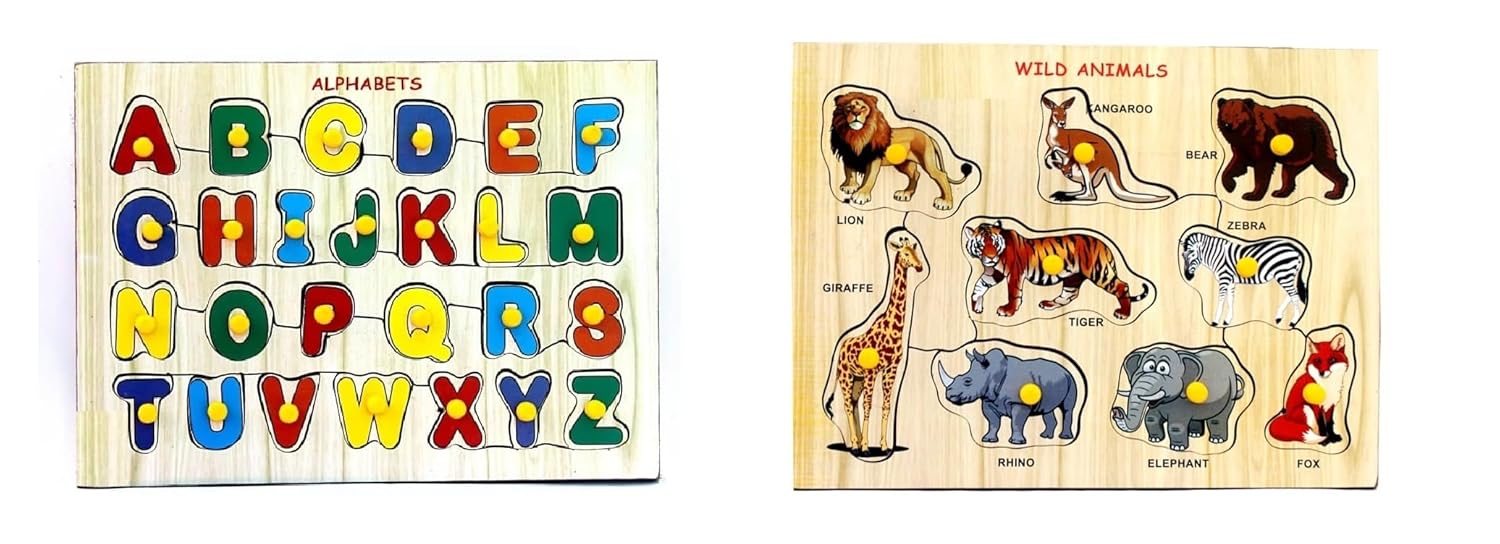 BS Toys- Two Wooden Puzzle Set | English Alphabet, Animals Wooden ...