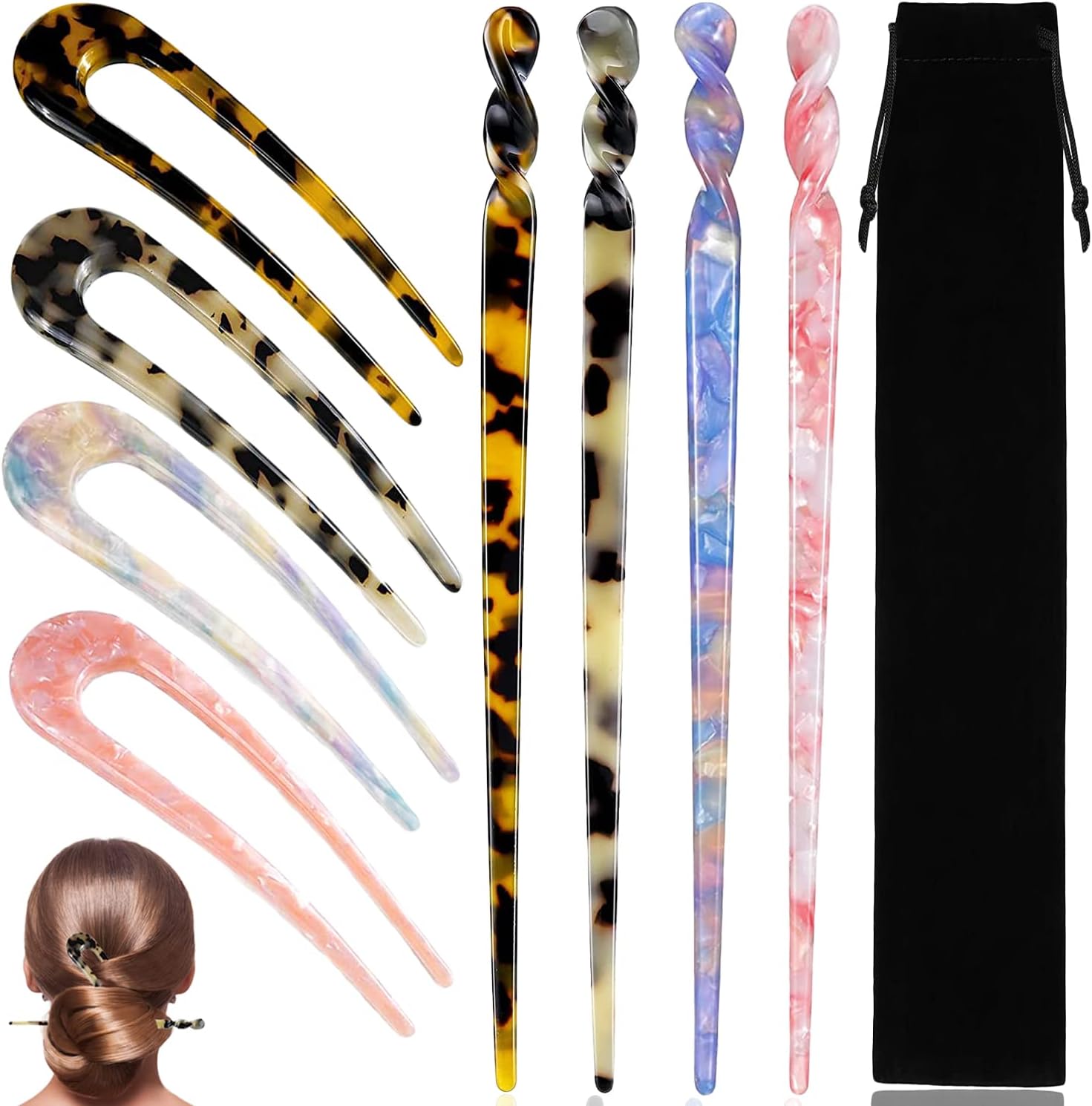Amazon.com : 6+4 Acetate Hair Sticks Set, Coldairsoap 2 Styles Tortoise ...