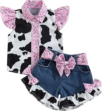 Amazon.com: Western Baby Girl Clothes Cow Print Ruffle Sleeve Cowgirl Shirt Denim Shorts With ...