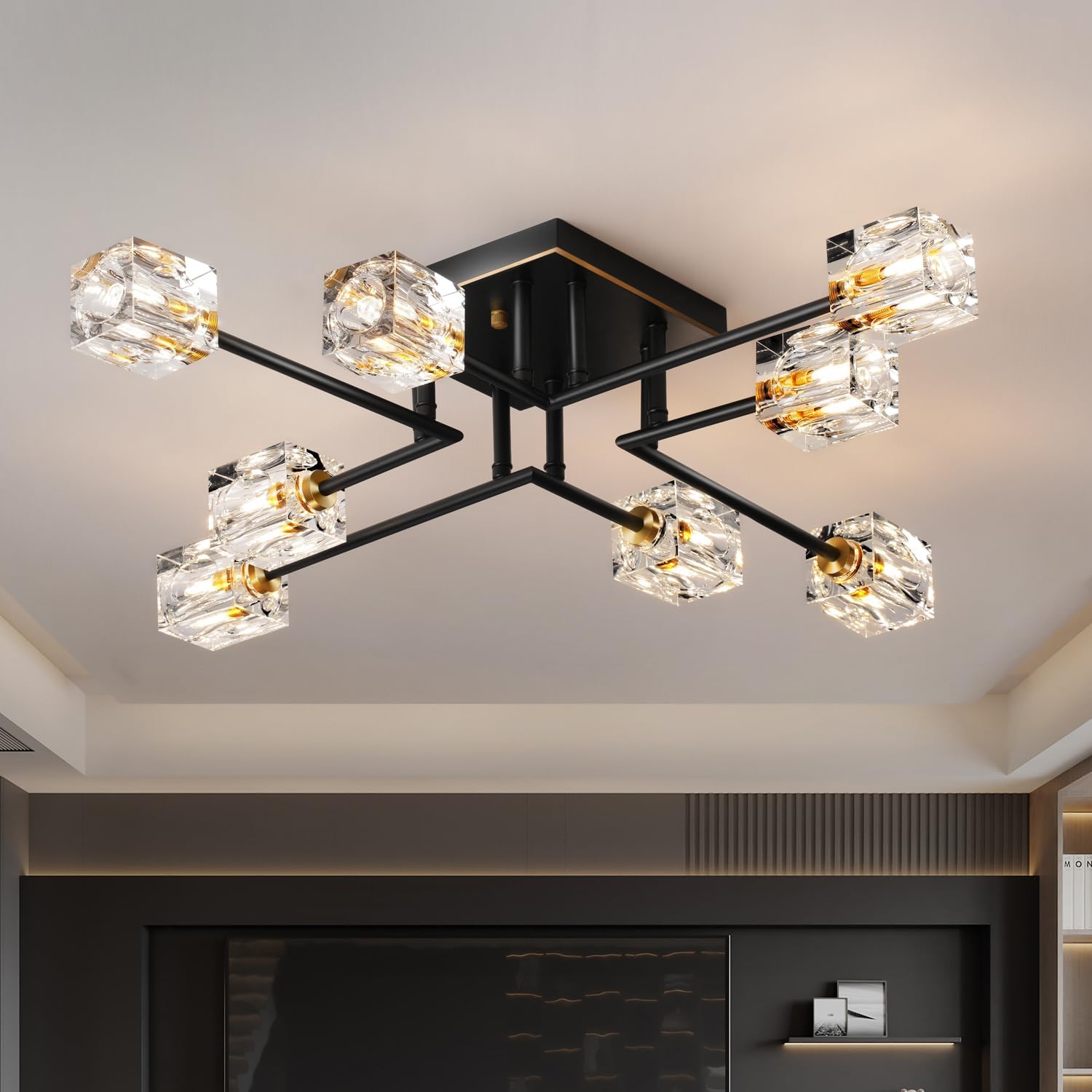 LIGJOY Crystal Chandelier Flush Mount - Black Square Crystal Light ...