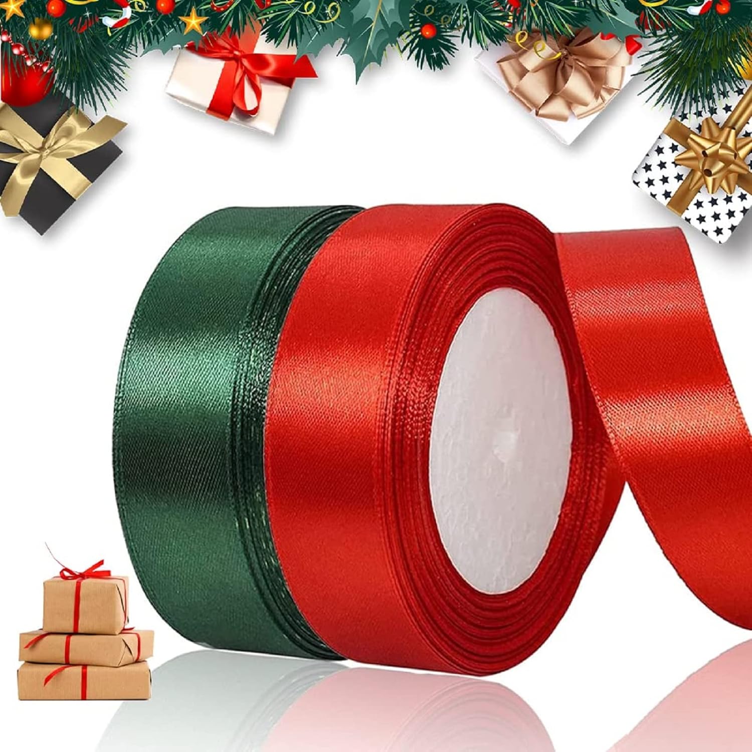 Amazon.com: 2 Rolls Christmas Ribbons, 1" X 25 Yard/Roll, Fabric ...