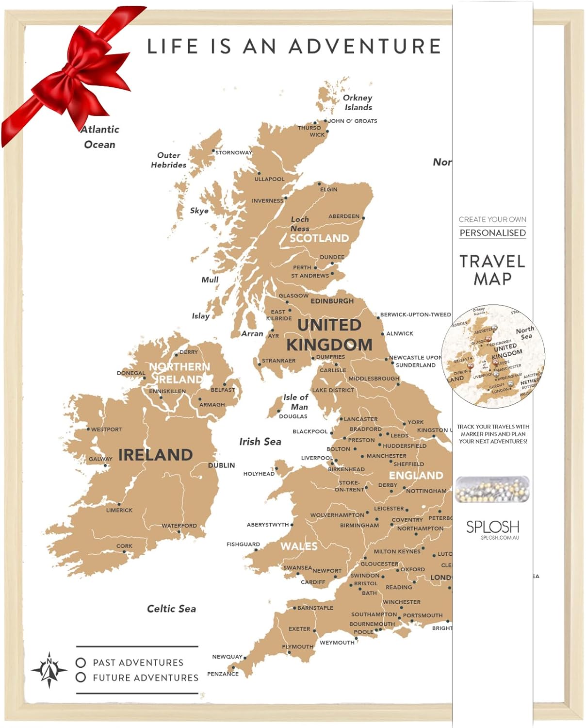 Splosh Travel Map - Desk UK Map Pin Board in White, Wooden Frame ...