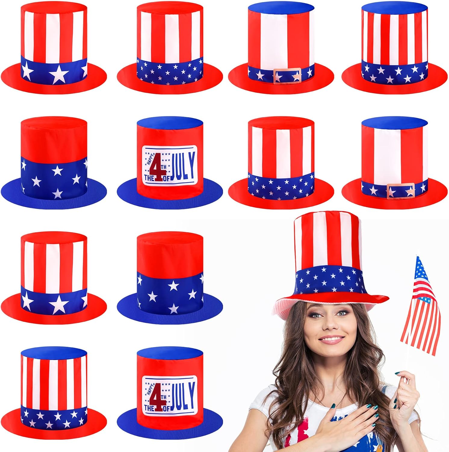 Amazon.com: Vabean 12 Pcs Patriotic Hats 4th of July American Flag Top ...