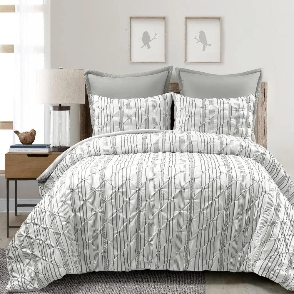 Amazon.com: 5-Piece Full-Queen Pintucked Striped Grey Comforter| Adult ...