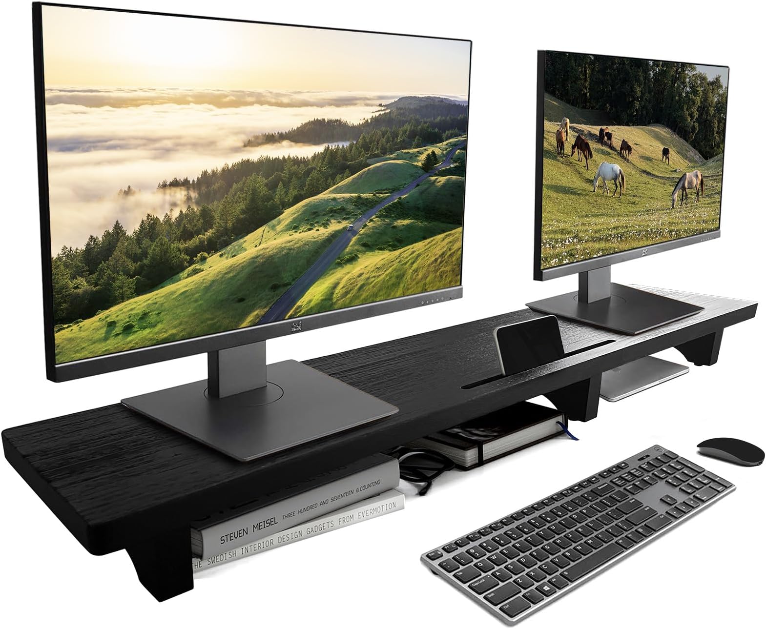 Amazon.com: HCJ Large Dual Monitor Stand Riser, Solid Wood Desk Shelf ...