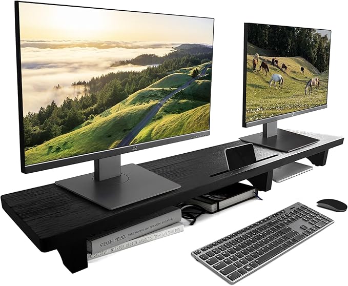 Amazon.com: Dual Monitor Stand for 2 Monitors, Solid Wood Black Monitor ...