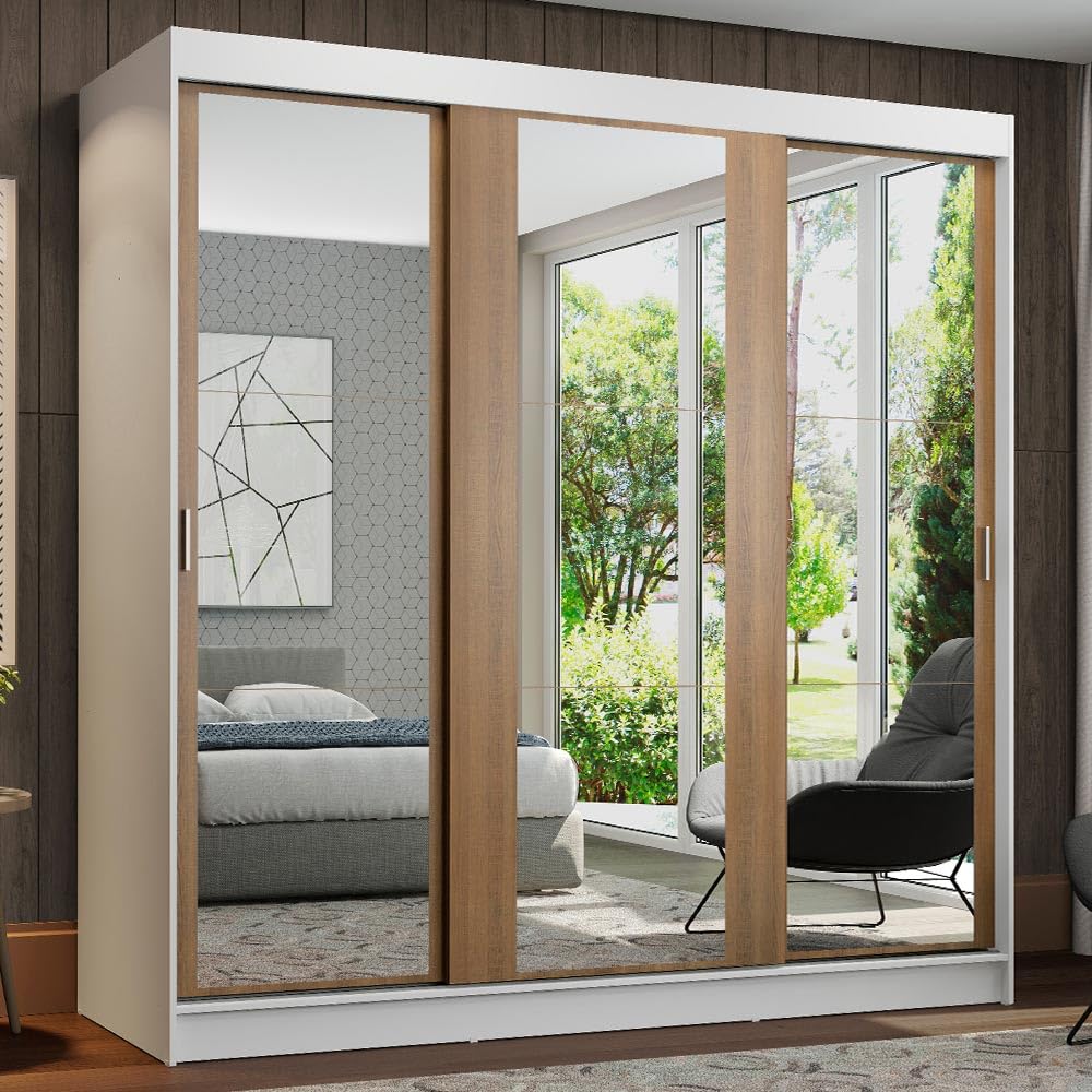 Madesa 3 Sliding Doors 3 Mirrors Wardrobe Ample Storage Wooden Almirah ...