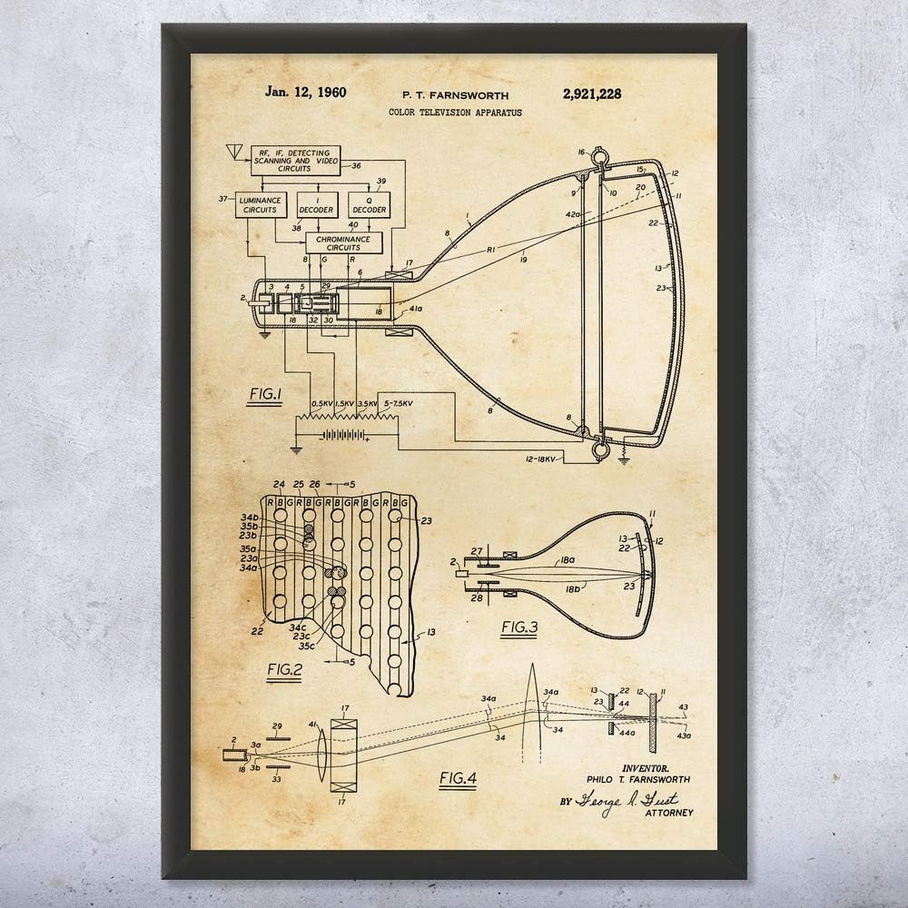 Amazon.com: Framed Farnsworth Color TV Print, Engineer Gifts, Technology Art, TV Blueprint ...