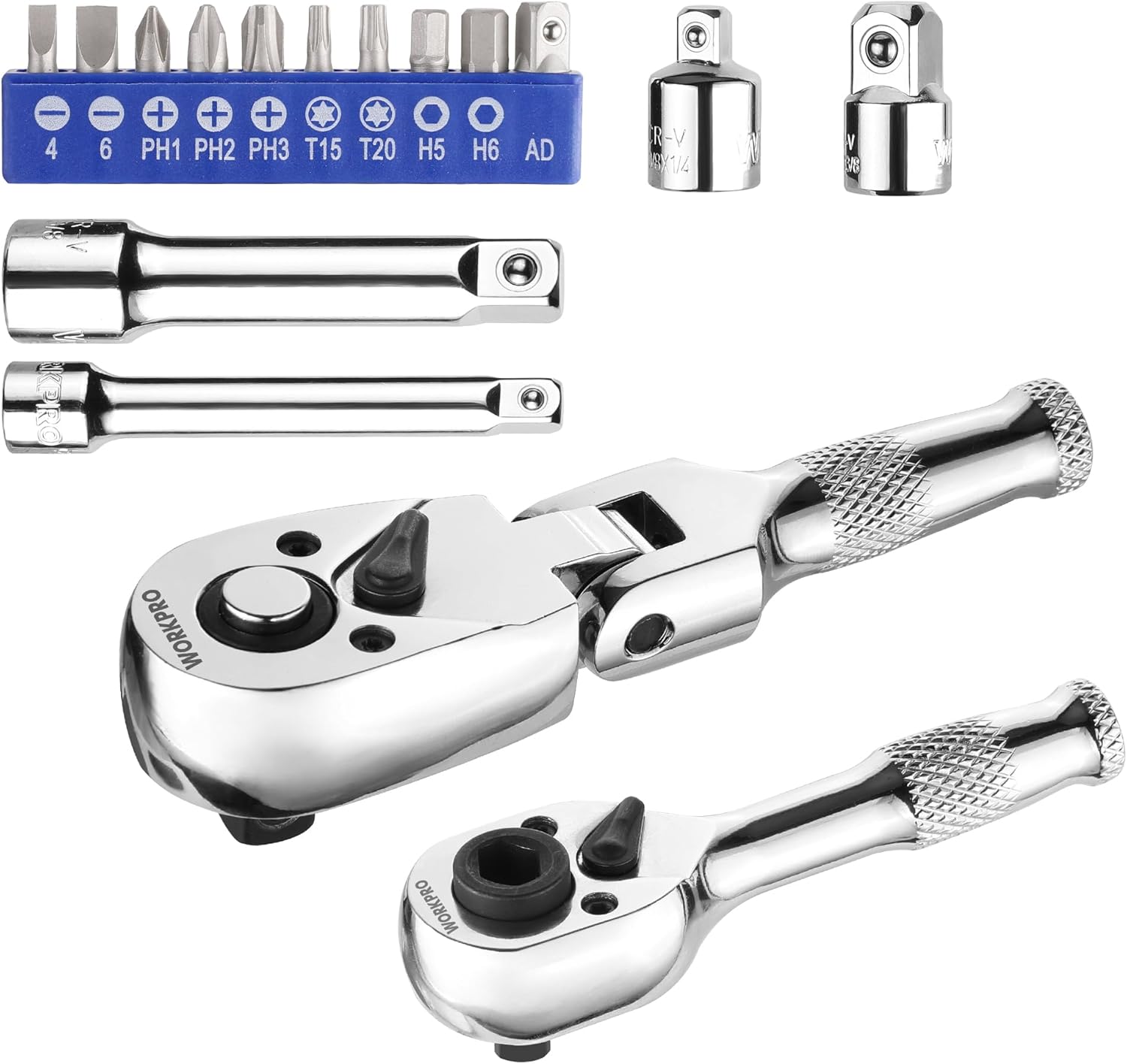 WORKPRO 2-Piece Stubby Handle Ratchet Set with 14 Accessories, 1/4 ...