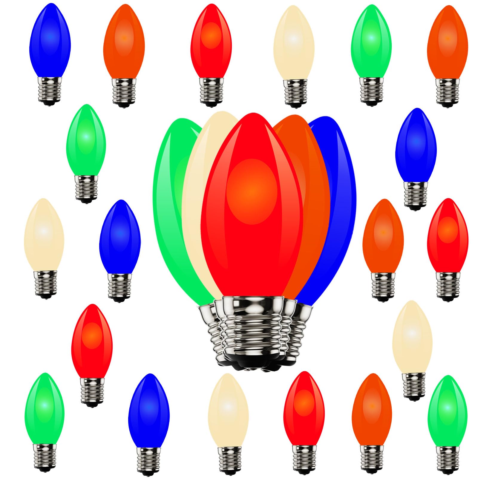 25 Pack C9 LED Multicolor Replacement Bulbs, E17 LED Bulb for Outdoor ...