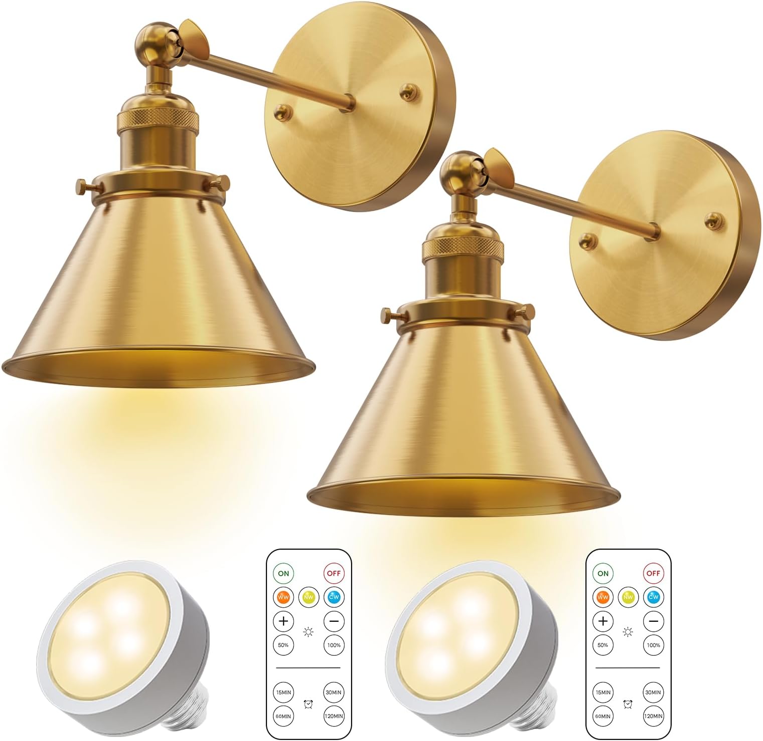 LUMIMAN Gold Battery Operated Wall Sconce, Industrial Wireless Wall ...