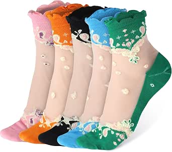Amazon.com: KALIONE 5 Pairs Fancy Socks for Women Transparent Floral ...