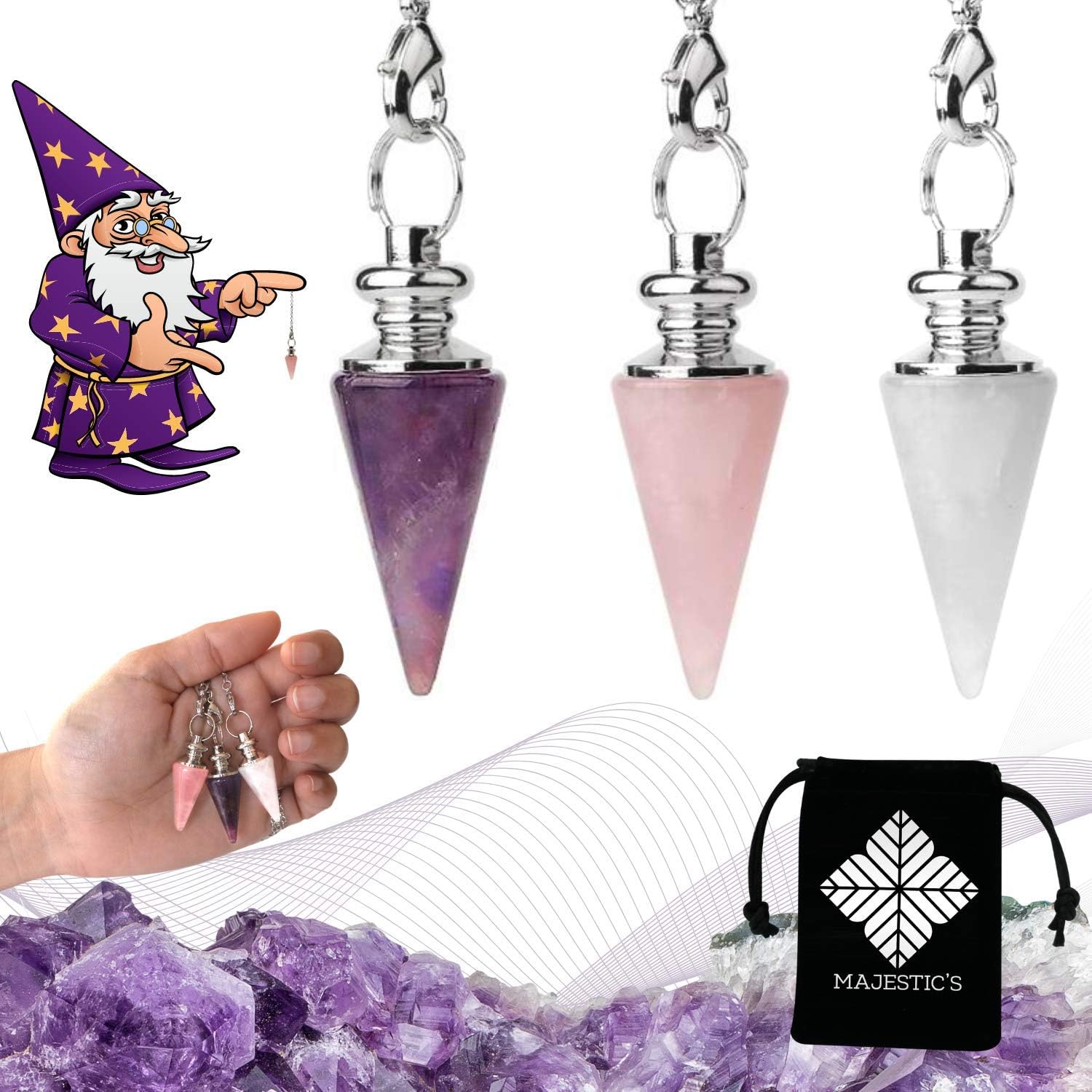 3x Divination Pendulum Rock Crystal, Amethyst and Rose Quartz Cone ...