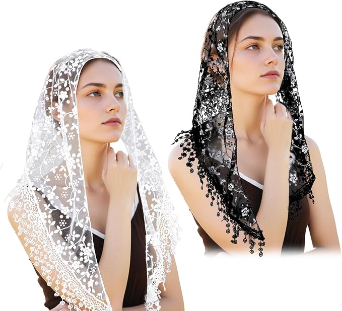 JJUNW 2 Pcs Mass Veil Triangle Mantilla Cathedral Head Covering, Chapel ...