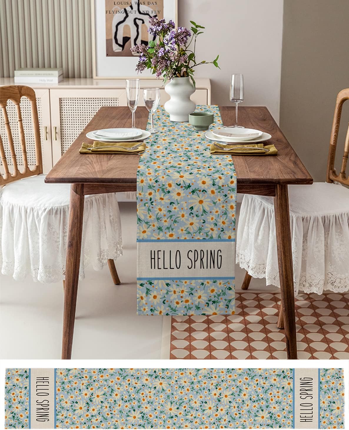 Camino de mesa Hello Spring Quote y Daisy Flower Dresser Scarves – 120 ...