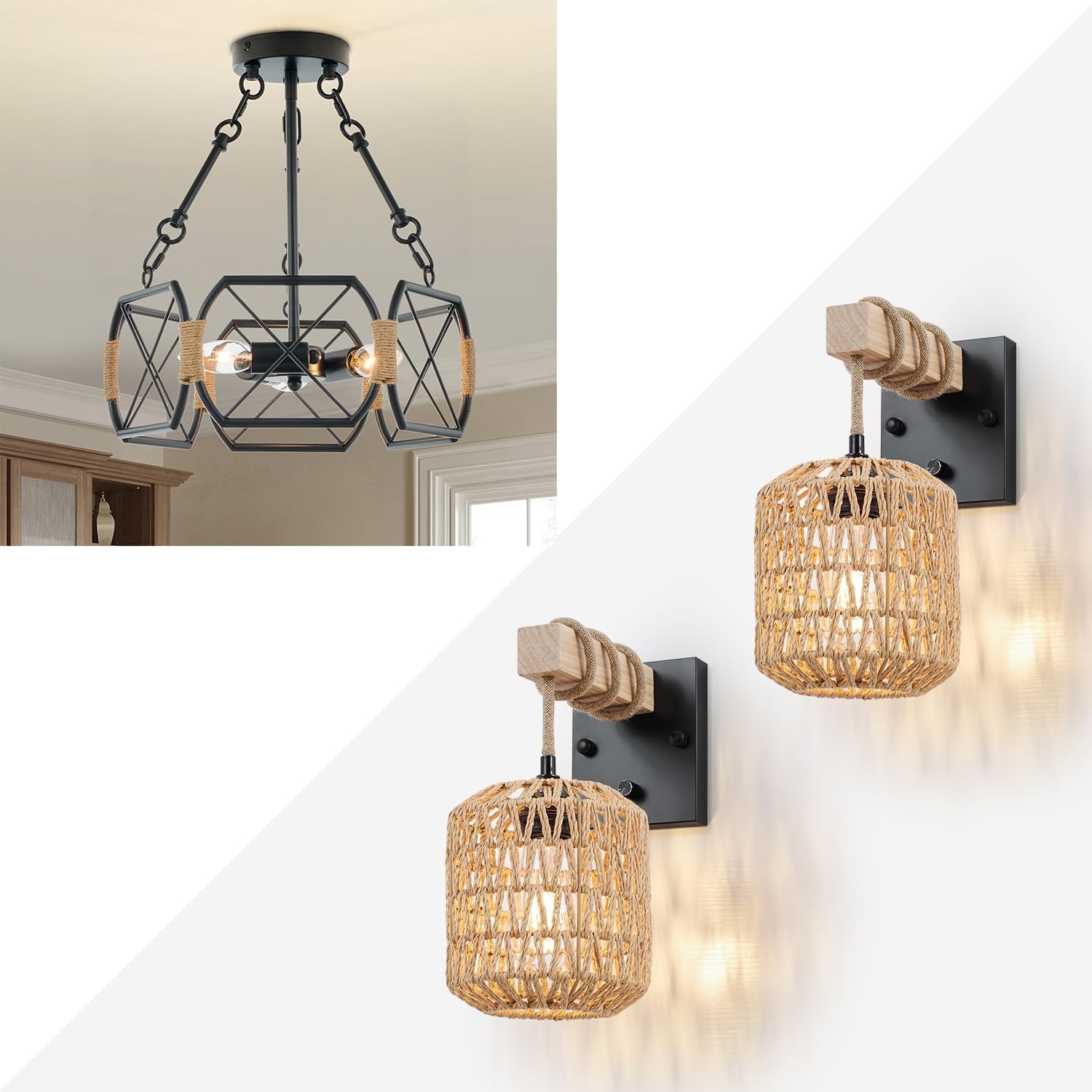 Neechicx 3-Light Industrial Ceiling Light with Hemp Rope & 2 PCS Rattan ...