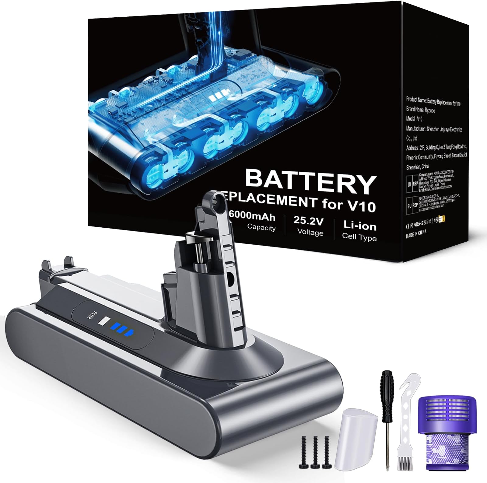 6000mAh Replacement Battery for Dyson V10 Battery Compatible with Dyson ...