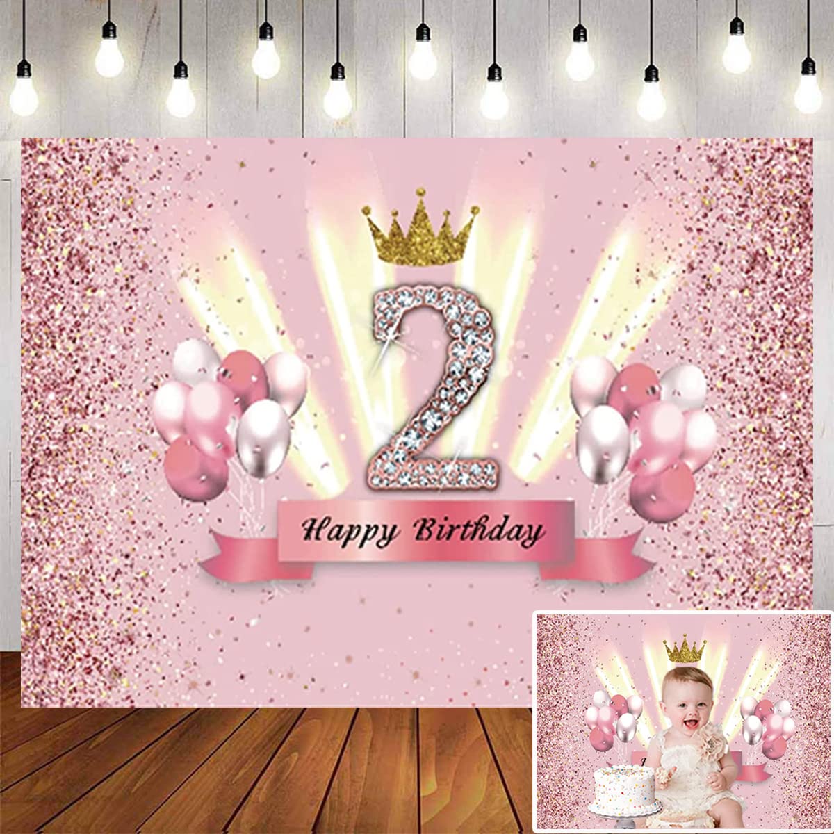 Princess 2nd Birthday Party Decorations Backdrops Golden Crown Pink ...