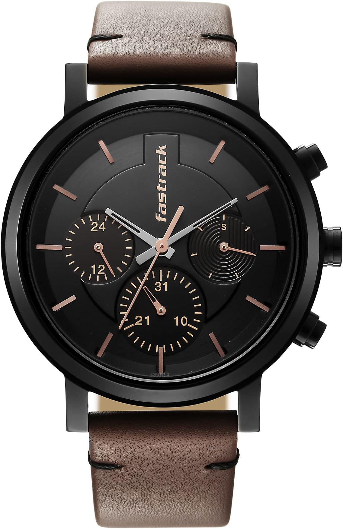 Fastrack Tick Tock Quartz Multifunction Black Dial Brown Leather Strap ...