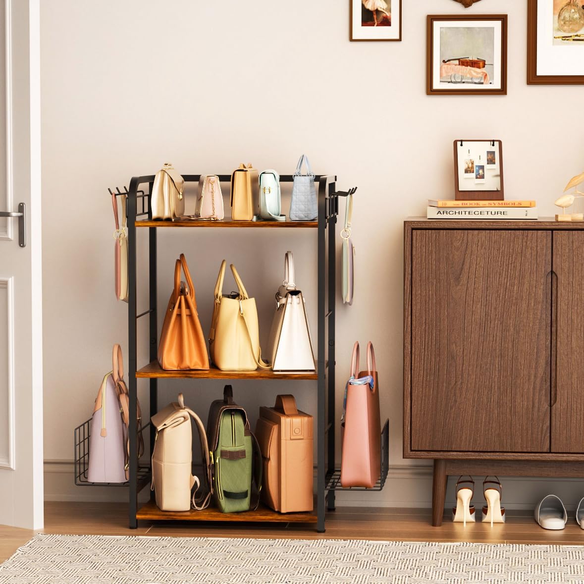 Retreat & Renew Floor-Standing 3-Tier Purse Organizer with Side Hooks ...