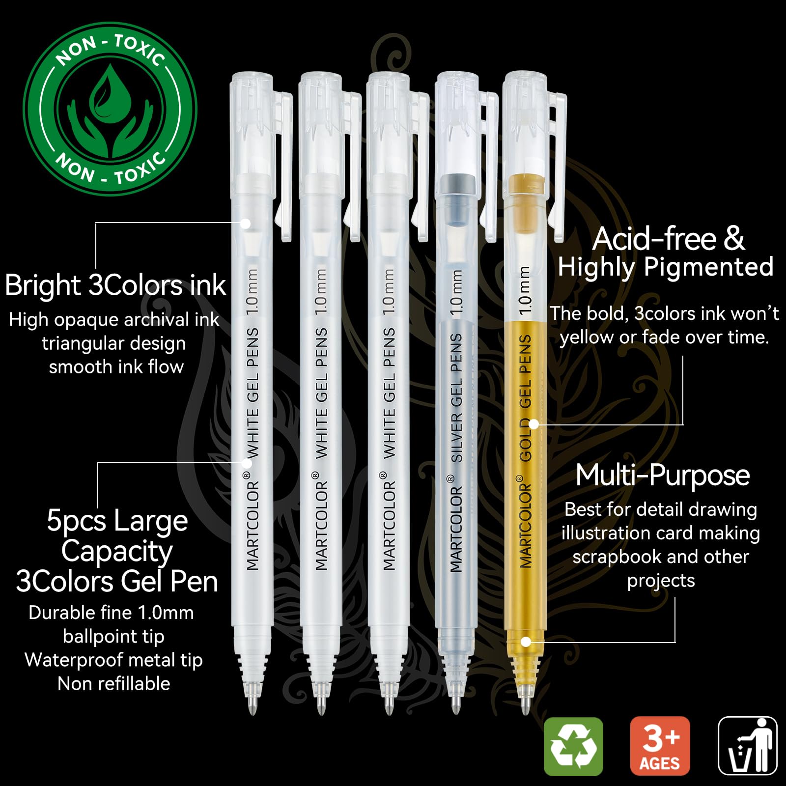 Snapklik.com : Gold Silver White Gel Pens, 5 Pack, 1 Mm Extra Fine ...