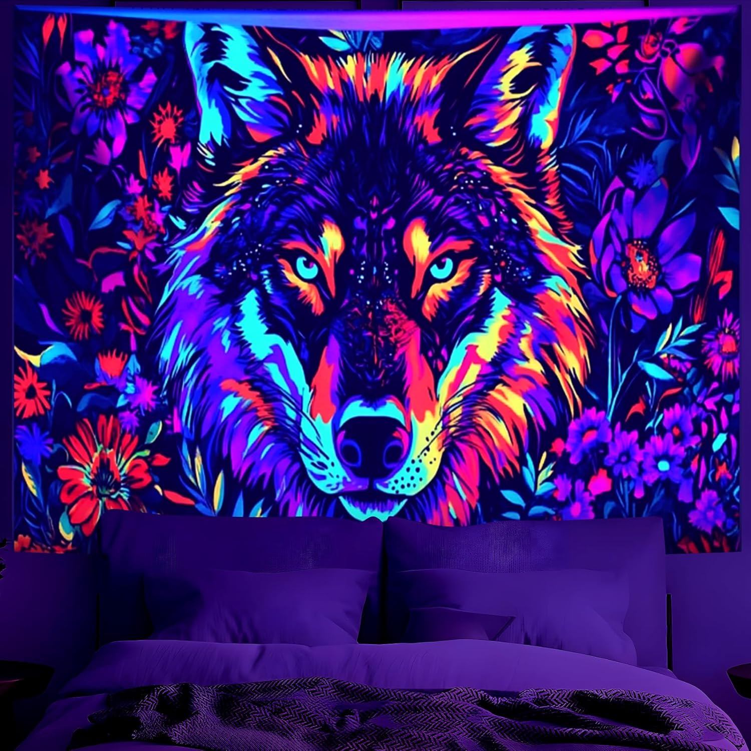 Amazon.com: BVBOX Blacklight Wolf Tapestry 79"x59", Iridescent Garden ...